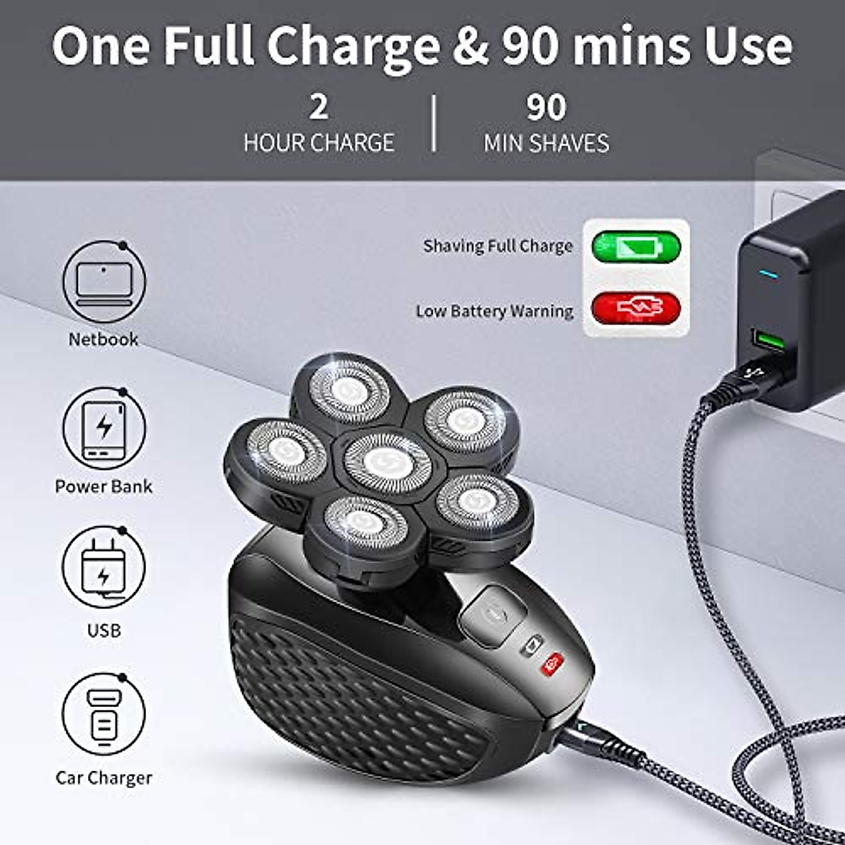 MOTLATA 6D Electric Shaver for Bald Men 7 in 1 Professional Mens Razors Rotary Head Shavers Waterproof Bald Shaver Rechargeable Shavers Wet & Dry Bald Shaving Grooming Cordless Balding Razor for Men