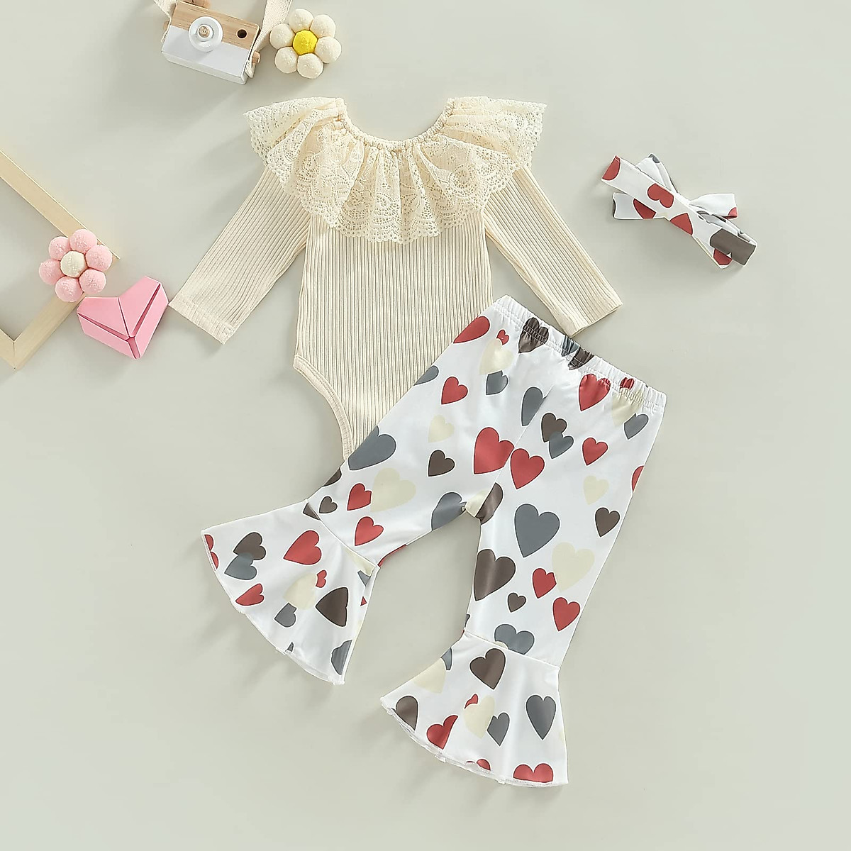 Valentine Day Baby Girl Cute Lace Ruffle Long Sleeve Romper Bodysuit Top and Bowknot Sweetie Heart Flare Long Pants Headband (Beige,0-6 Months)