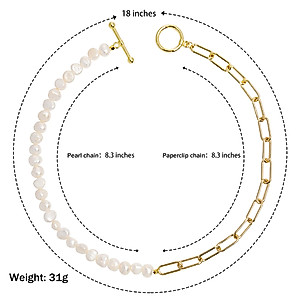 Cowlyn Paper Clip Pearl Necklace Vintage Chunky Link Chain Baroque Cultured Pearls 18K Gold Choker Fashion Retro Charm Valentine Jewelry for Women