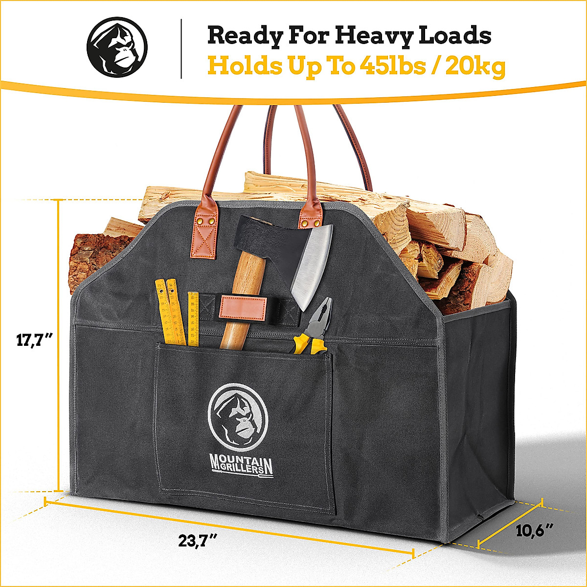 MOUNTAIN GRILLERS Heavy Duty Canvas Firewood Carrier - Features Reinforced Handles For Carrying Wood & Logs - Must Have Bag For Any BBQ Enthusiasts & Pit Masters