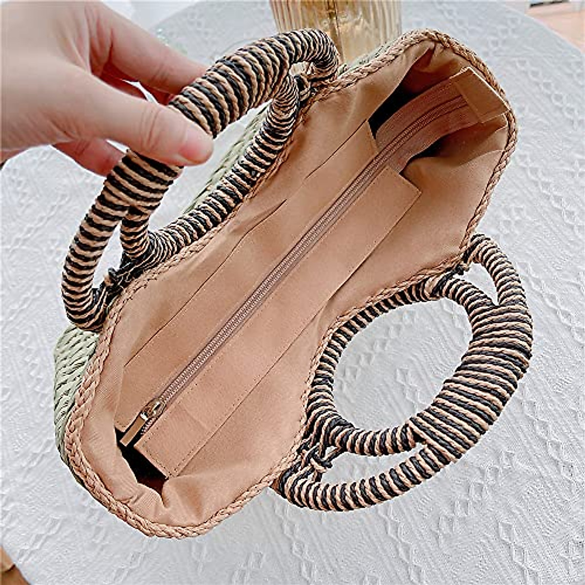 QTKJ Women Summer Retro Straw Bag with Zip Hand-woven Beach Handbag Top Round Handle Boho Tote Bag Shopping and Travel Large Bag (Green)