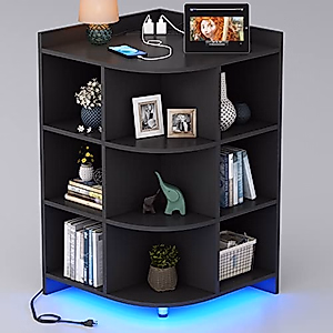 Gyfimoie Corner Storage Cabinet with Charging Station and LED Lights, 9-Cubby Corner Bookshelf Bookcase with USB Ports and Outlets, Corner Night Stand Printer Stand for Small Corner Space