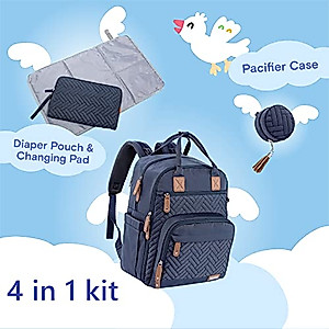 iniuniu Diaper Bag Backpack, 4 in 1 kit Large Unisex Baby Bags for Boys Girls, Waterproof Travel Back Pack with Diaper Pouch, Washable Changing Pad, Pacifier Case and Stroller Straps, Navy Blue