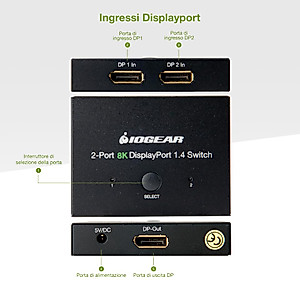 IOGEAR DisplayPort 1.4 Switcher 8K 60Hz - 2 Port Converter 2 in to 1 Out - HD Audio - GDP14SW2