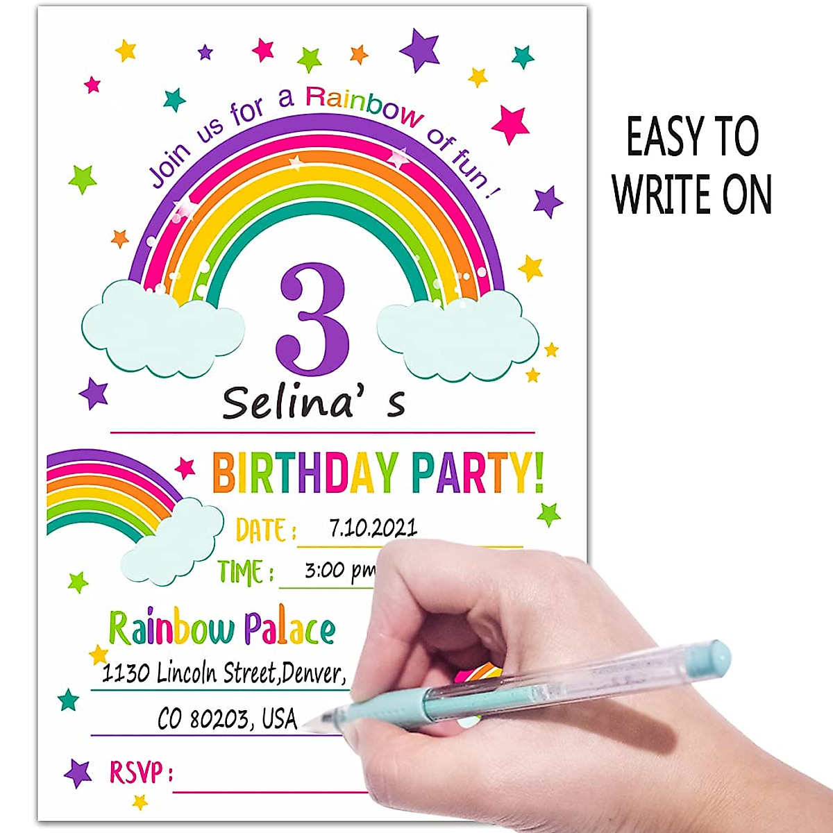 ukebobo 3rd Rainbow Birthday Party Invitations with Envelopes – Birthday Party Invitations, Rainbow Party Decorations– 20 Cards With Envelopes（c03-03）