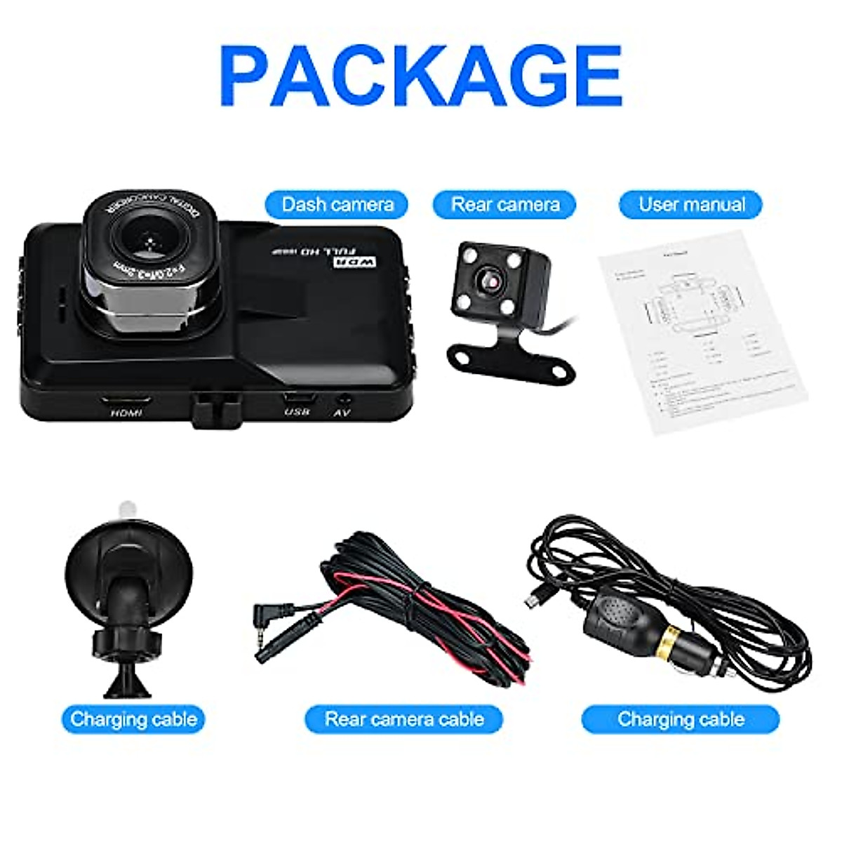 Lychee Dual Dashcam Driving Record Front and Rear 1080P with 3 Inch LCD 120° Loop Recording Night Vision G-Sensor