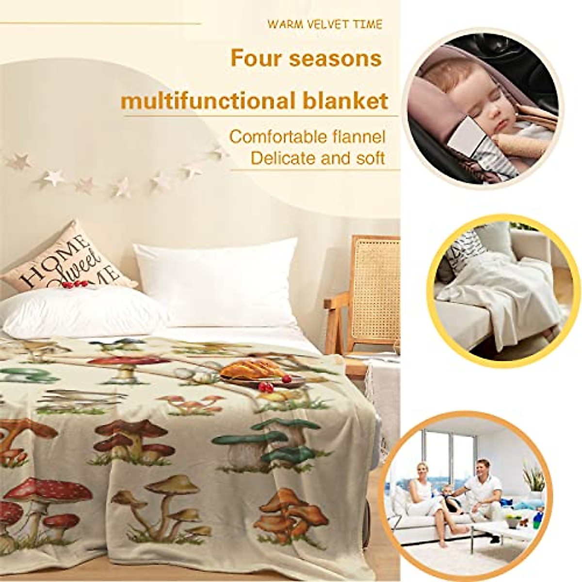 HUGDIY Mushrooms Fleece Throw Blanket 54"x70", Soft Cozy Blanket, Lightweight Fuzzy Fluffy Plush Blanket for Bed Sofa Travel