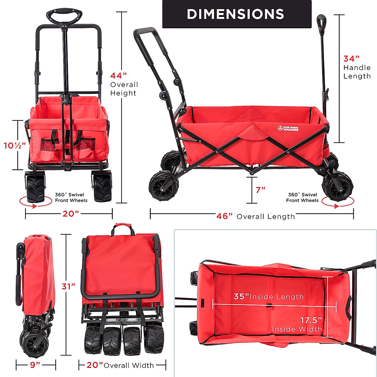 Red Wide Wheel Wagon All-Terrain Folding Collapsible Utility Wagon with Push Bar - Portable Rolling Heavy Duty 150 Lbs Capacity Canvas Fabric Cart Buggy - Beach, Garden, Sporting Events, Park, Picnic