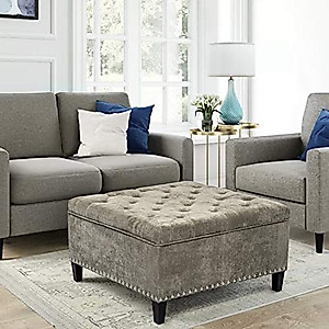 Homebeez Velvet Storage Ottoman Bench, Tufted Square Footstool Footrest with Wood Legs for Living Room (Light Grey)