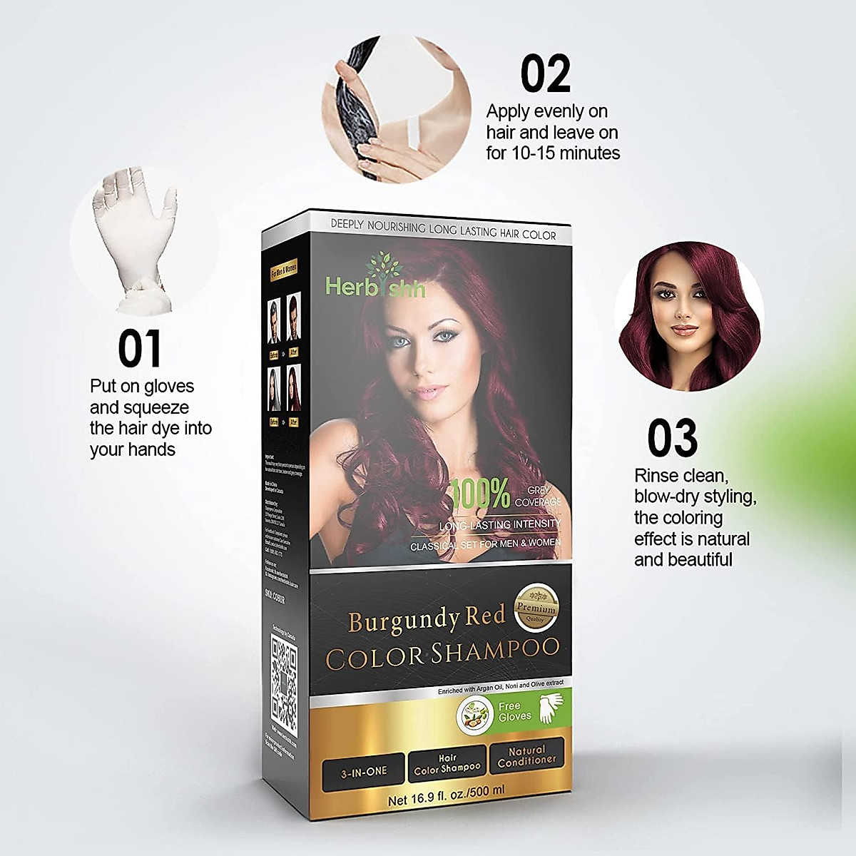 Combo Pack - Herbishh Color Shampoo for Gray Hair + Argan Intense Hair Mask - Long-lasting Dye, Colors in Minutes - Stimulates Dry, Frizzy Hair - 500 ml (Burgundy)