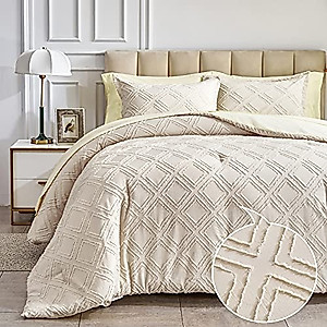Flysheep Beige Tufted Bed in a Bag 7 Pieces King Size, Soft and Embroidery Shabby Chic Boho Comforter Set, Luxury Solid Color Comforter with Diamond Pattern, Jacquard Tufts Bedding Set for All Season