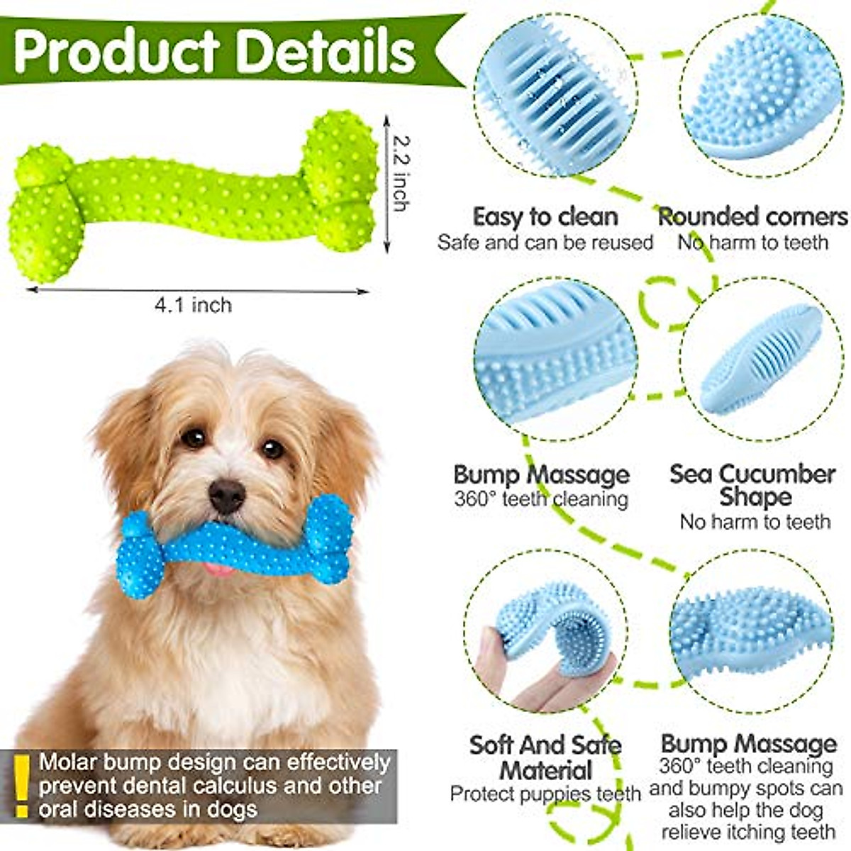 Skylety 6 Pieces Puppy Teething Chew Toys Rubber Bone-Shaped Puppy Teething Toy Pet Teething Toy for 2-8 Months Puppy Teeth Cleaning and Relieving Itching (Blue, Pink, Yellow Green)