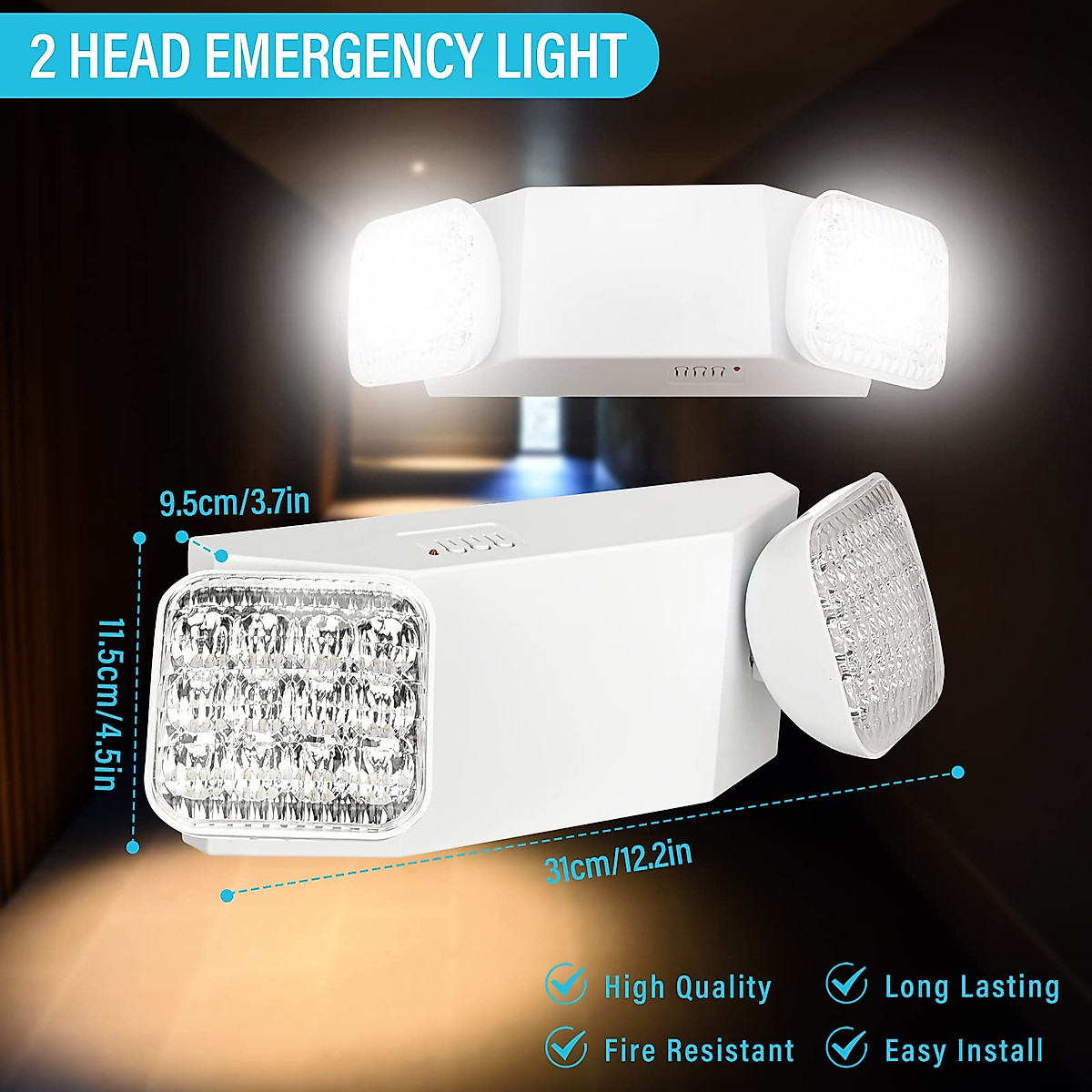ROCEEI 12 Pack Emergency Lights Commercial Emergency LED Flood Lights Backup Battery Emergency Exit Lighting Fixtures 2 LED Head Wall Mount White for Hallways Stairways (Wire Connect Style)