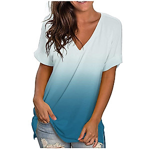 DASAYO Womens Short Sleeve Tops Shirts V Neck Gradient Color Fashion Cute Casual Tshirts Blouse Loose Summer Trendy Shirt