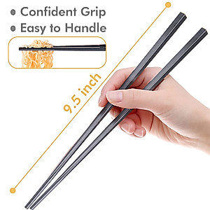 Chopsticks,LIANGKEN 5 Pairs Dishwasher Safe Fiberglass Chopsticks Set,9.5 Inch Reusable Japanese Chinese Chopsticks , Non-Slip, Easy to Use (colorful ) (9.5 inch, pure black)
