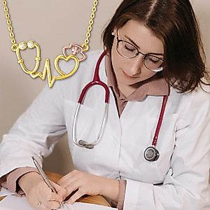 Rikelus 14K Gold Stethoscope Necklace for Women,Real Gold Nurse Doctor Pendant Necklace Jewelry Gifts for Medical Students RN Nurse 16+1+1 inch