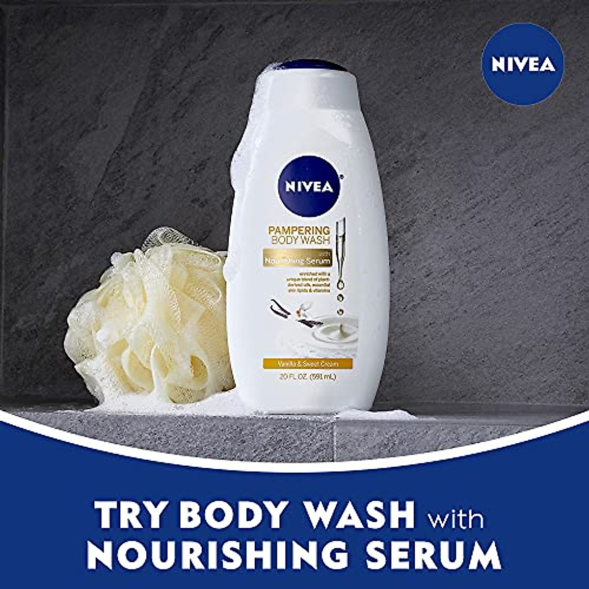 NIVEA Vanilla and Sweet Cream Pampering Body Wash with Nourishing Serum, 20 Fl Oz Bottle