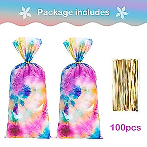 BLEWINDZ 100 Pieces Cellophane Treat Bags,11"X 5"Small Cellophane Bags, Tie-Dye Cello Gift Bags with Ties, Goodie Bags Candy Bags for Party Supplies (Rainbow)