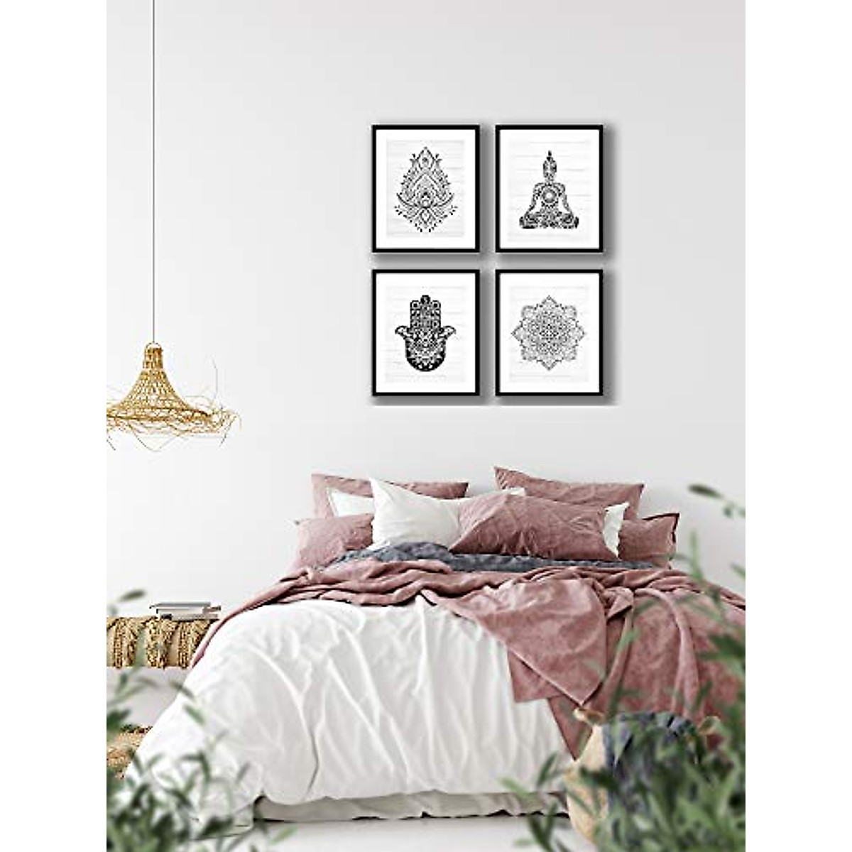 FerrisBuilt Black and White Buddha, Hamsa Hands, Mandala and Lotus Flower, Eclectic Wall Art, Boho Decor, Indie Decor - Set of (4) 8x10 UNFRAMED Prints