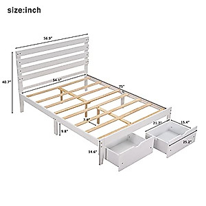 Full Bed with Drawers,Wood Bed Frame with Headboard and Footboard Mattress Foundation Wood Bed Platform for Boys, Girls, Kids, Young Teens and Adults,White