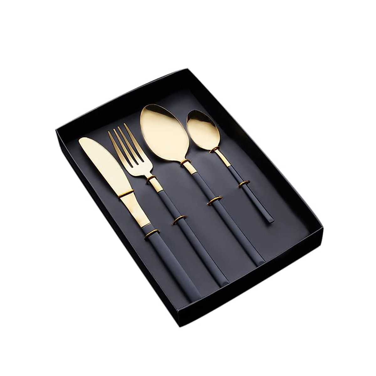4 Pcs Stainless Steel Flatware Set, Black Gold Modern Cutlery Set Mirror Polished Knife Fork Spoon for Home, Kitchen, Including Place Knife, Fork, Spoon, Teaspoon, One Size (xiejinhong2)