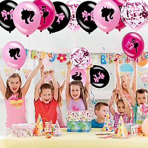 DPKOW Princess Balloons Pink Girls Balloons Hot Pink Latex Balloons Black Pink Confetti Balloon Bulk Cute Fairy Princess Party Decorations Supplies for Kids Girls Birthday Decor Baby Shower, 32pcs