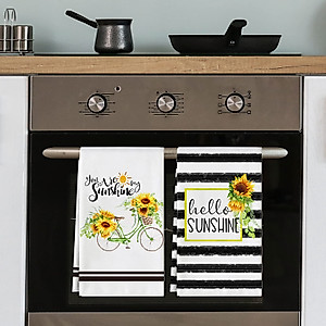 AnyDesign Sunflower Kitchen Dish Towel 18 x 28 Inch Seasonal Watercolor Flower Bicycle Cloth Tea Towel White Black Stripes Spring Summer Farmhouse Decorative Hand Towel for Kitchen Home Cooking, 2Pcs