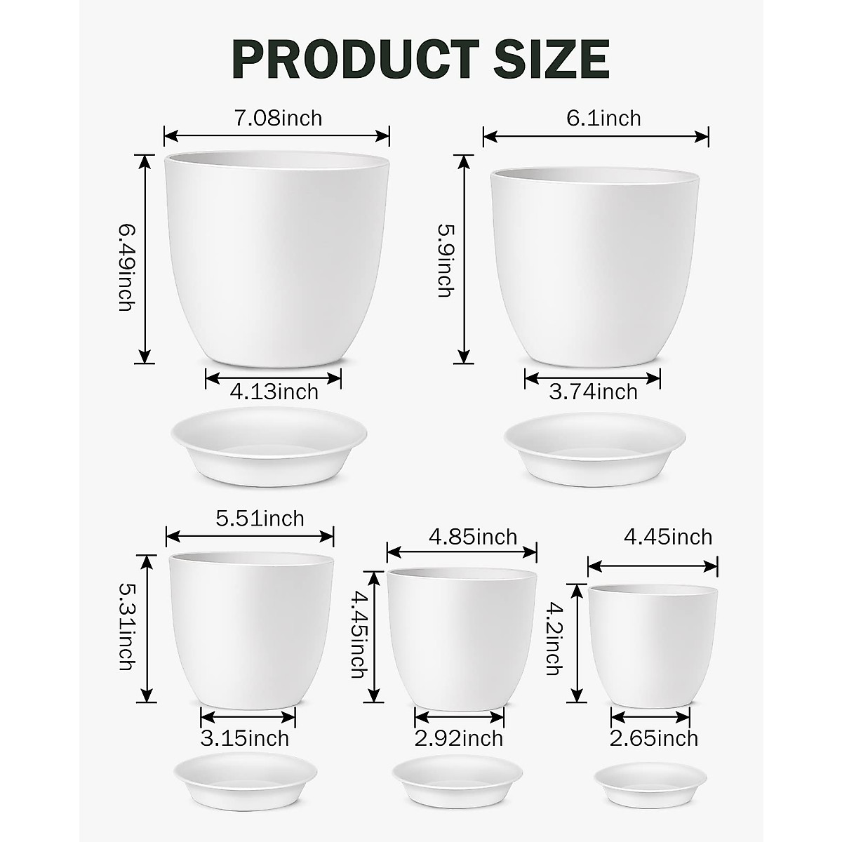 HOMENOTE Plastic Planter, 7/6/5.5/4.8/4.5 Inch Flower Pot Indoor Modern Decorative Pots for Plants with Drainage Hole and Tray for All House Plants, Succulents, Flowers, Cactus, White