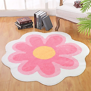 Tinideya Aesthetic Cute Flower Round Area Rug Non Slip Circle Soft Fluffy Flower Rug Indoor Floor Mat Carpet for Girls Bedroom Bathroom Living Room Sofa Nursery Decor(Pink, 4 ft)