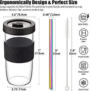 Reusable Glass Mason Jars Cups with Lids and Straws Silicone Sleeves, 2 Pack 24Oz Wide Mouth Smoothie Cups Glass Bubble Tea Cup Leakproof drinking glasses Travel Tumbler for Large Pearl Birthday Gifts