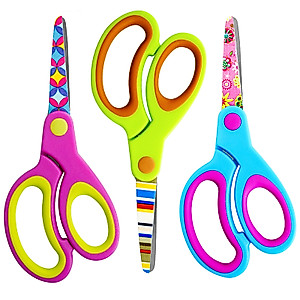kids Scissors 3 Pack Children's Scissors with Comfort Handles 5" Safety Blunt Tip Scissors Floral Print Blades and Soft Grip Cute Scissors,School, DIY, Home, Classroom Use Crafting Cutting Paper