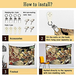 DigiTizerArt Japanese Ukiyoe Style Tapestry Wall Hanging, Japanese Samurai Ghost Yorimitsu And 4 Samurai Exterminated Monsters On Oe Mountain” Style Tapestries for Bedroom Home Decor Multi Color (JapaneseStyle-E)