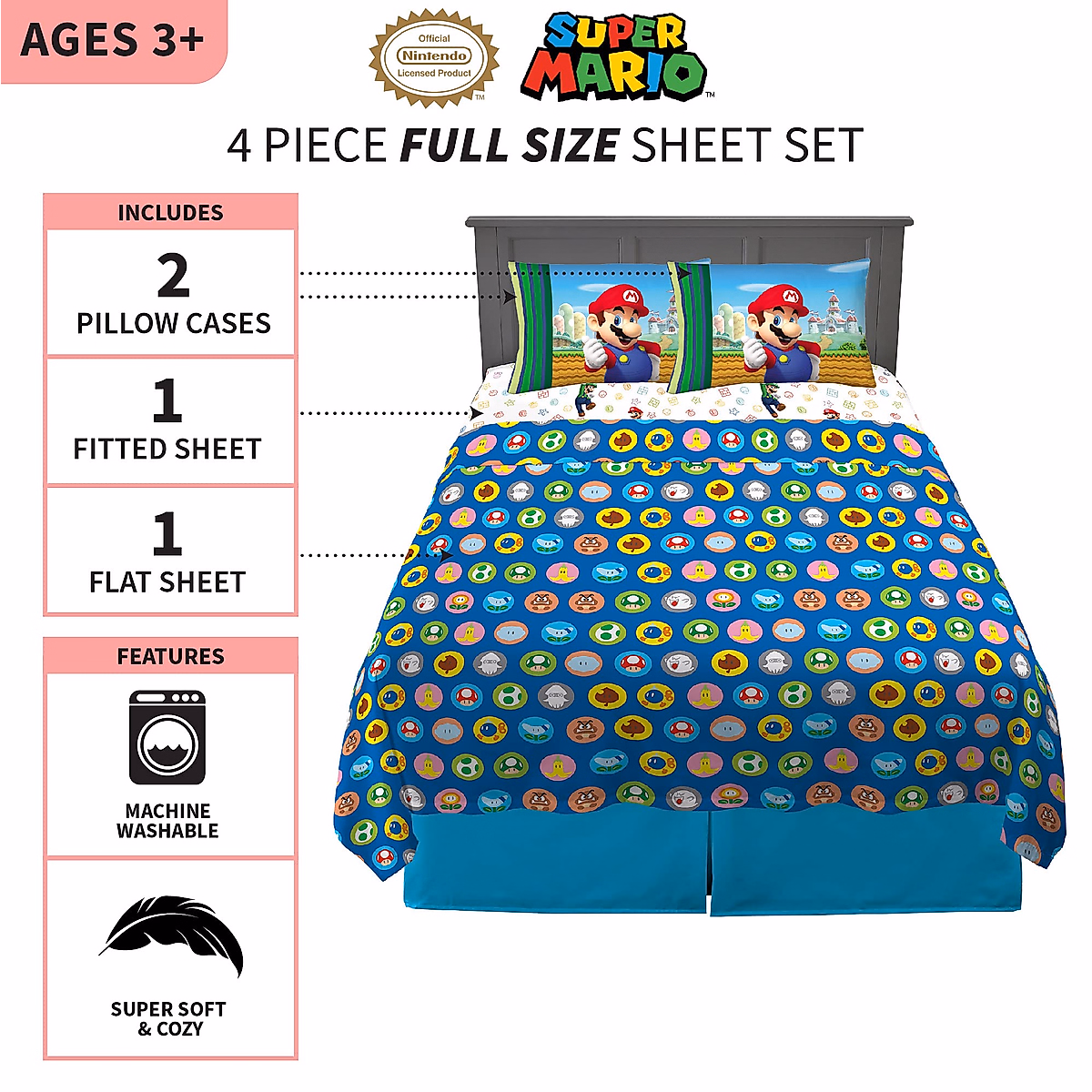 Franco Kids Bedding Super Soft Microfiber Sheet Set, Full, Mario
