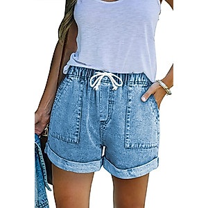 NEYOUQE Womens Comfy Drawstring Ripped Denim Shorts Casual Elastic Waist Pocketed Jeans for Women Funny Rockin Women's Clothes Short Blue Sky Summer hot Jean Denims for Woman y2k high Waisted XL