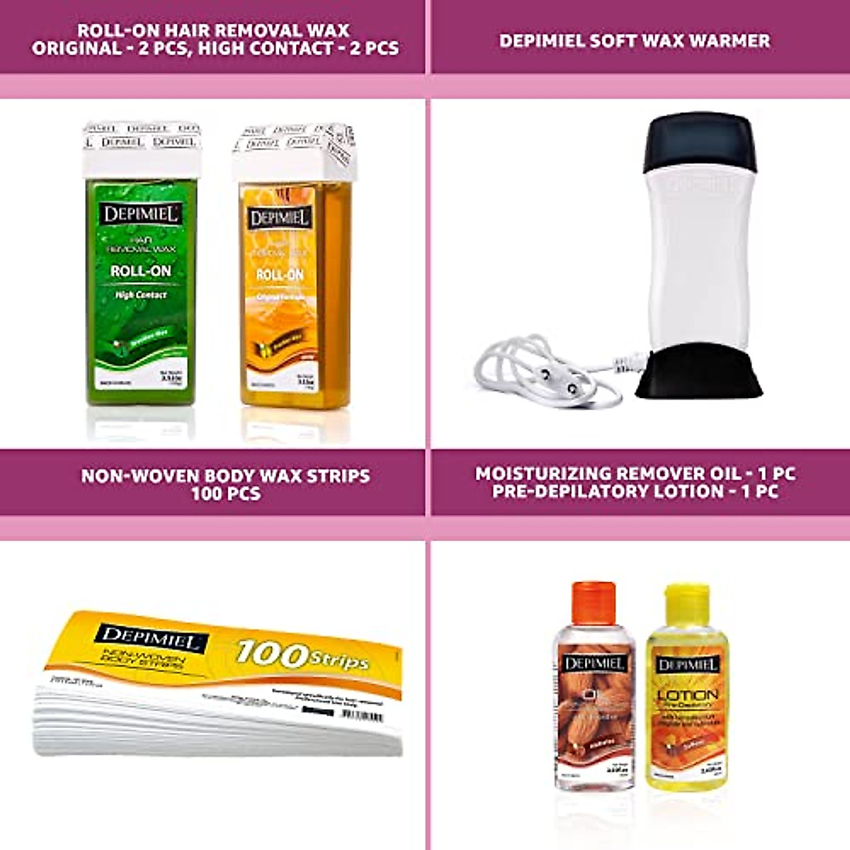 Depimiel Soft Wax Kit - Wax Roller with Warmer and Wax Strips - Wax Roll-On with Before and After Depilatory Lotions - Roller Wax for Legs, Arms, Bikini, Face - Gentle At-Home Waxing Kit