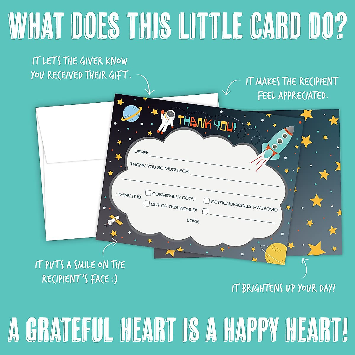 Koko Paper Co Space Multiple-choice Fill-in Thank You Cards | 25 Flat Cards and 25 Bright White Envelopes | Printed on Heavy Card Stock.