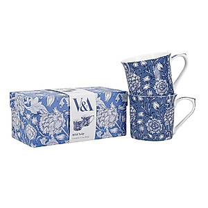 V&A Coffee and Tea Mugs, Porcelain Bone China Mug, William Morris Wild Tulip Design, 300ml, Set of 2, Gift Boxed