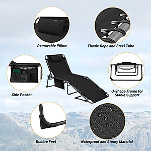 KingCamp Oversized Adjustable Folding Chaise Lounge Chair for Outdoor Patio Beach Lawn Pool Sunbathing Tanning, Heavy Duty Portable Camping Recliner with Pillow, Supports 330lbs, Black