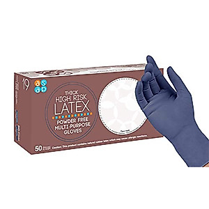 ASAP Thick High Risk Latex Powder Free Industrial Multi-Purpose Gloves, 12 inch Extended Cuff, Disposable, 14 mil, Dark Blue (Large - Box of 50)