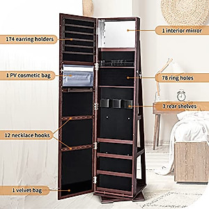 YITAHOME Jewelry Cabinet Standing Jewelry Armoire with Full Length Mirror 360°Swivel Lockable Jewelry Organizer Jewelry Armoire with Bag Storage Shelves, Walnut