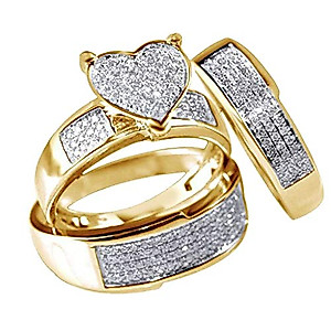 3pcs Women Simulated Diamond Ring Set Engagement Ring Heart Shaped Zircon Promise Rings Wedding Band (Gold, 10)