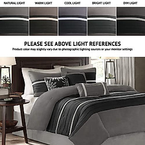 Madison Park Palmer Comforter Set - Faux Suede Design, Striped Accent, All Season Down Alternative Bedding, Matching Shams, Decorative Pillow, Bed Skirt, Full (82 in x 90 in), Black 7 Piece