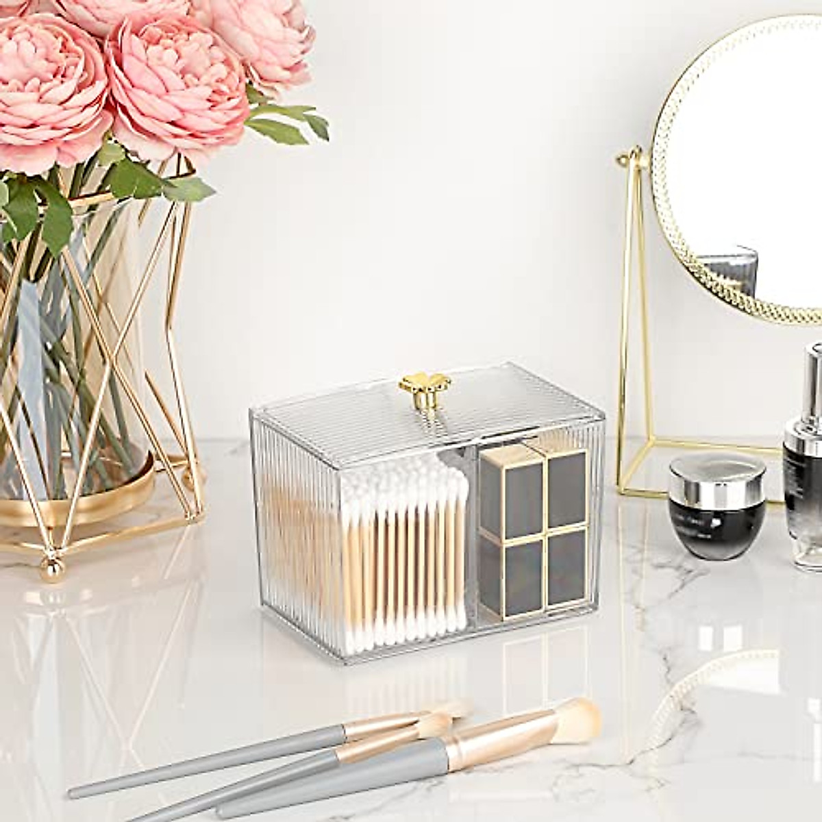 Hipiwe Acrylic Q-tip Holder with Lid- 3 Sections Bathroom Dispenser Jar Cotton Ball and Swab Organizer Plastic Apothecary Jar Makeup Storage Canister Box for Cotton Rounds Pads Floss