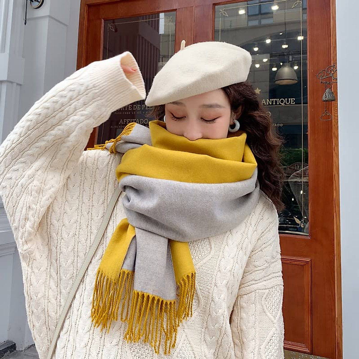 Scarf Cashmere Double-Sided Wrap Shawl Stole for Women Winter Large Men Solid Lambswool Scarf with Gift Bag Christmas Gifts (Yellow light gray)