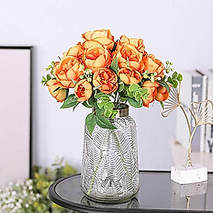 Nubry Artificial Flowers 2 Bunches Fake Peony Silk Flowers Arrangements with Eucalyptus Leaves Faux Realistic Bouquet for Wedding Decoration (Orange)