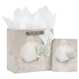 MAYPLUSS 10" Medium Gift Bag with Greeting Card and Tissue Paper for Wedding, Anniversary, Bridal Shower -Bride to Be,Wedding Design Dresses