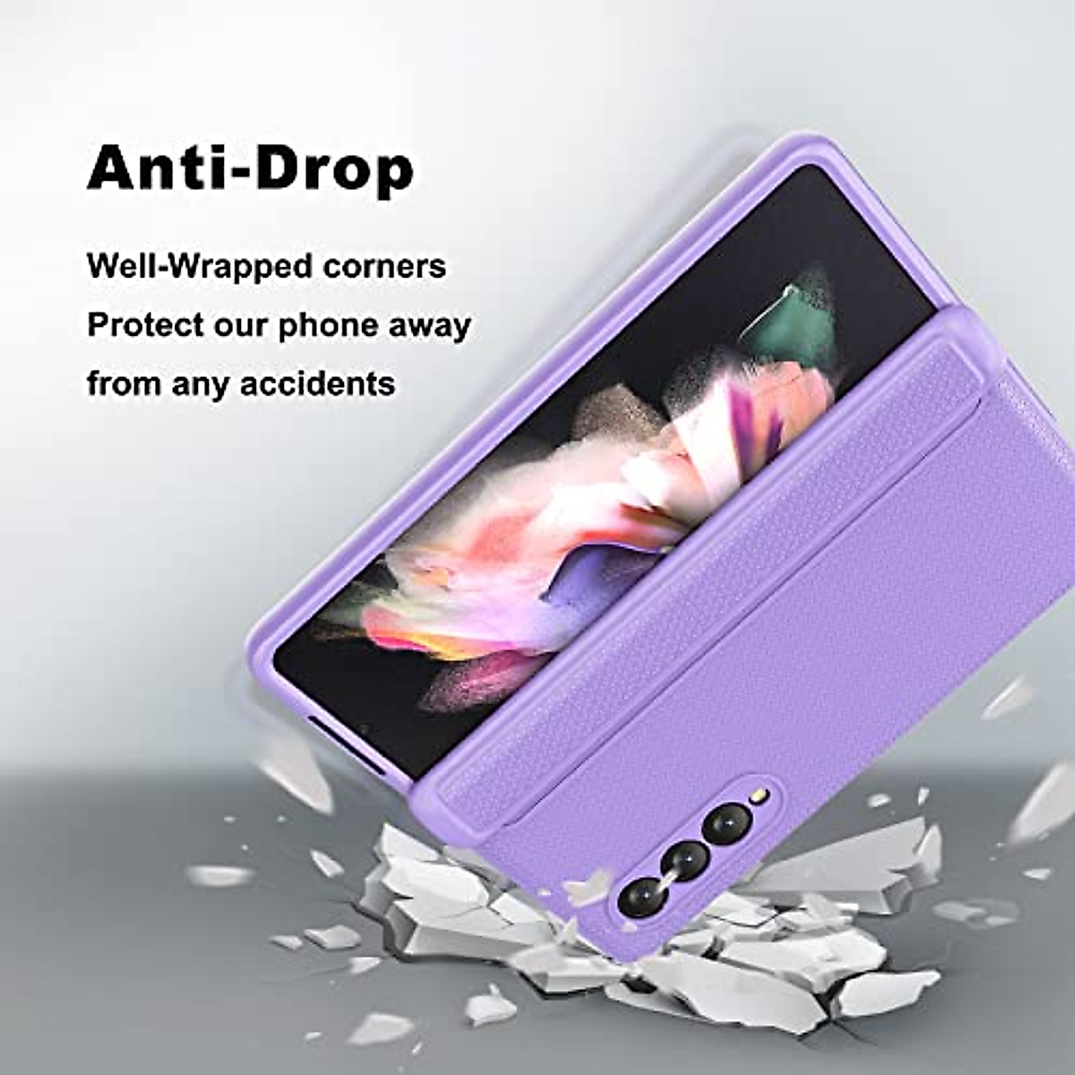 Fold 3 Case with Hinge Protection & Screen Protector, Triangular Anti-Skid Texture Design, Slim Fit Lightweight Protective Cover Supports Wireless Charging for Samsung Galaxy Z Fold 3 5G (Purple)