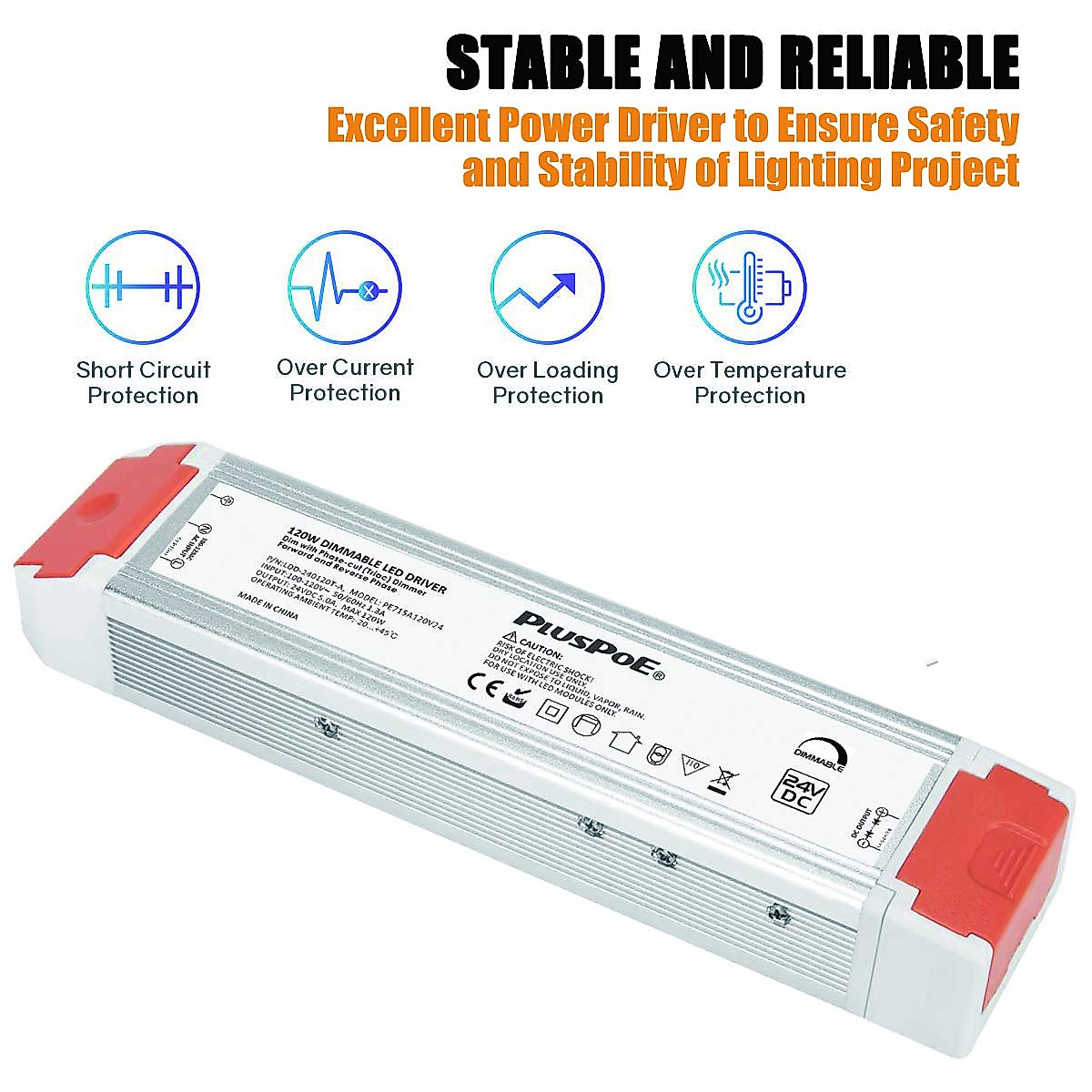 PLUSPOE 24V 120W Dimmable Led Driver, 110V AC to 24V DC Low Voltage Power Supply Dimming Transformer for 24V LED Strip Lights,Compatible with Lutron, Leviton and Other Wall Dimmer