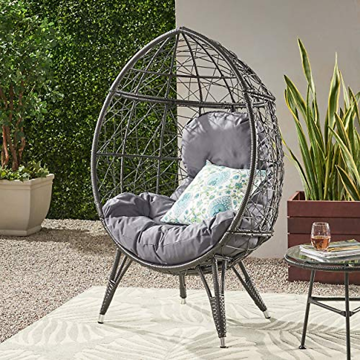 Great Deal Furniture Lillian Outdoor Wicker Teardrop Chair with Cushion, Gray and Dark Gray