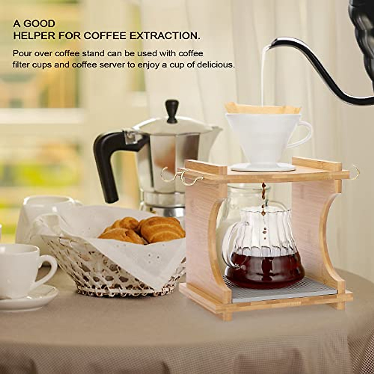 ELLDOO Bamboo Coffee Dripper Stand, Pour Over Coffee Stand, Coffee Extraction Drip Station,Coffee Shared Pot Filter Cup Holder with Grey Silicone Dripper Mat
